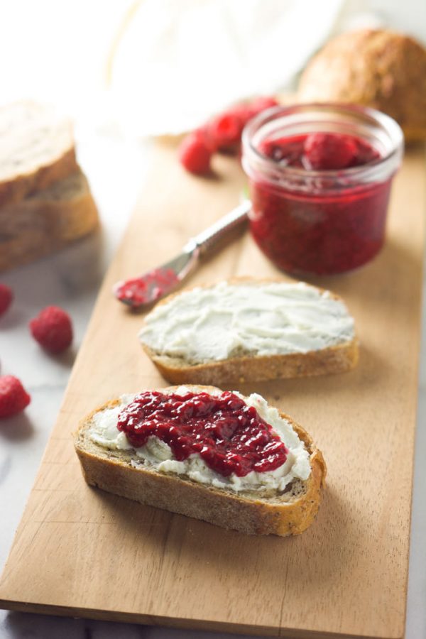 Raspberry and Whipped Honey Goat Cheese Bruschetta