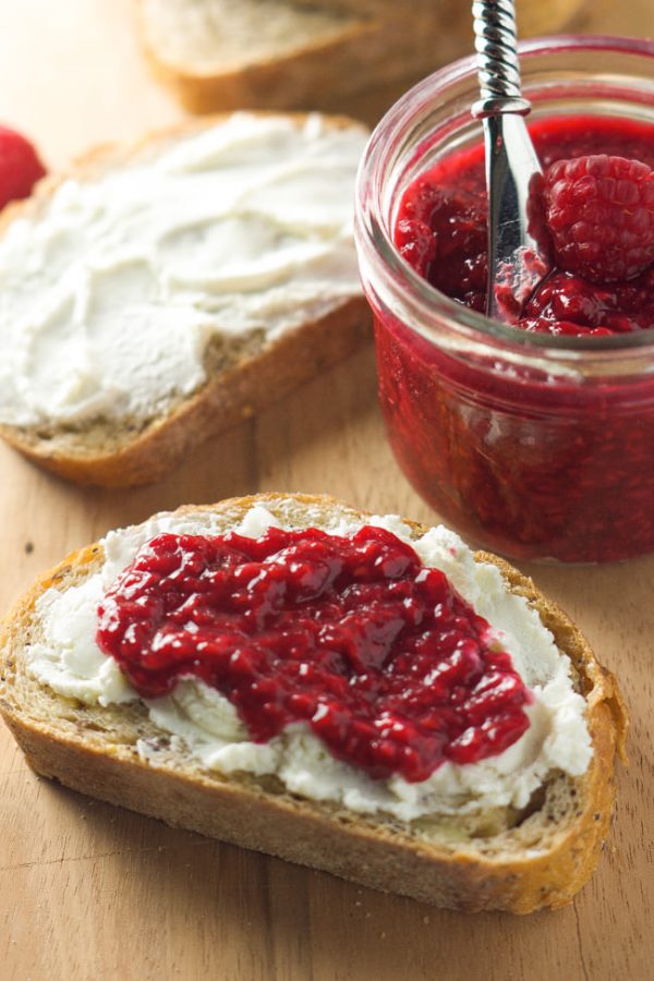 Raspberry and Whipped Honey Goat Cheese Bruschetta