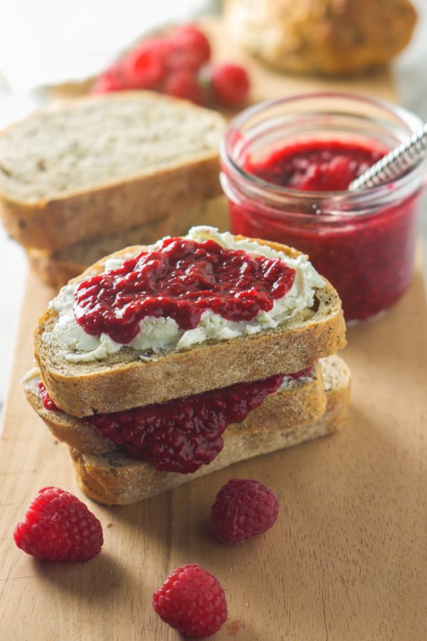 Raspberry and Whipped Honey Goat Cheese Bruschetta