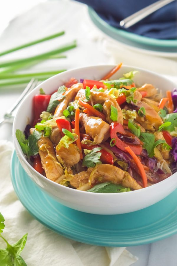 {30 Minute} Honey Sriracha Chicken Rice Noodle Bowls