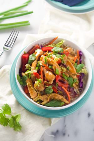 {30 Minute} Honey Sriracha Chicken Rice Noodle Bowls