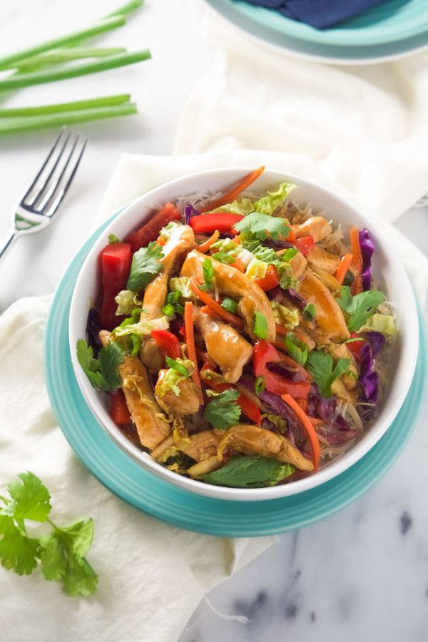 {30 Minute} Honey Sriracha Chicken Rice Noodle Bowls