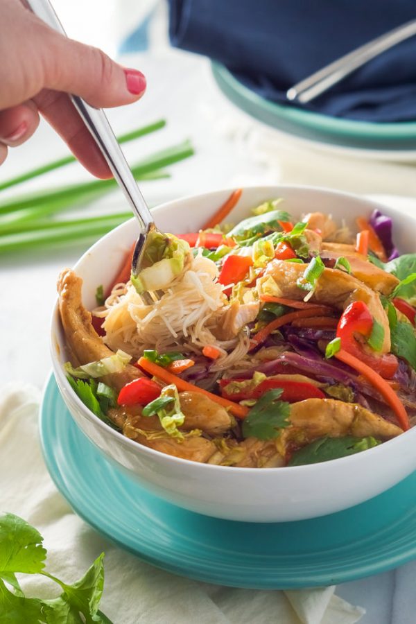 {30 Minute} Honey Sriracha Chicken Rice Noodle Bowls