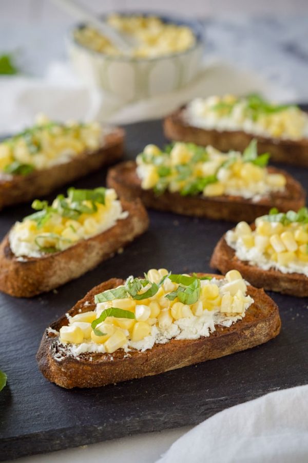Crisp Corn Crostini on Garlic Baguettes